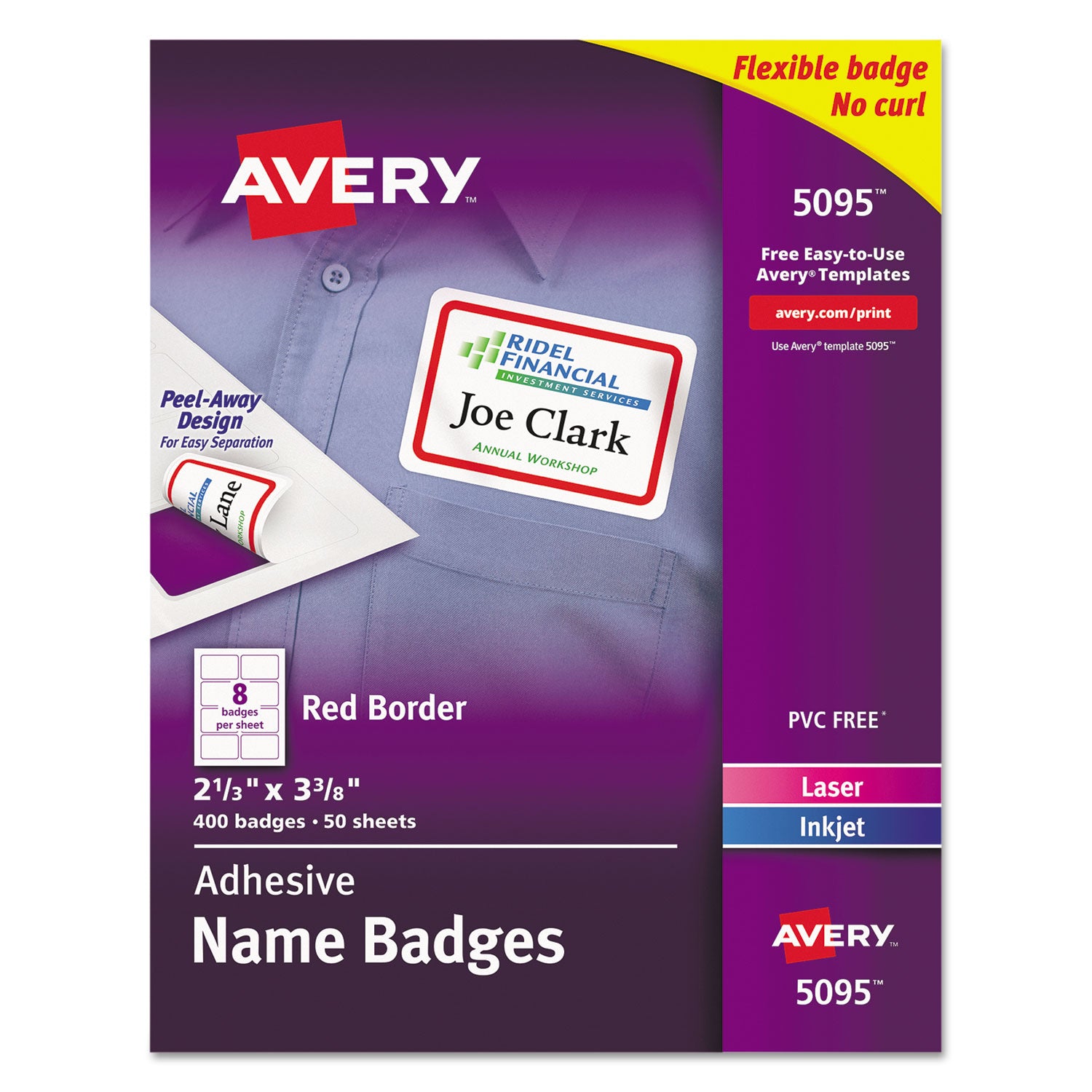 Flexible Adhesive Name Badge Labels, 3.38 x 2.33, White/Red Border, 400 ...