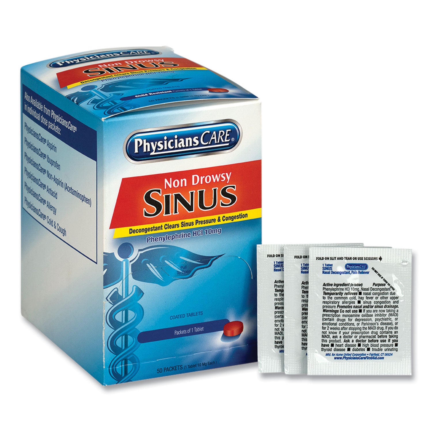 Sinus Decongestant Congestion Medication, One Tablet/Pack, 50 Packs/Box ...
