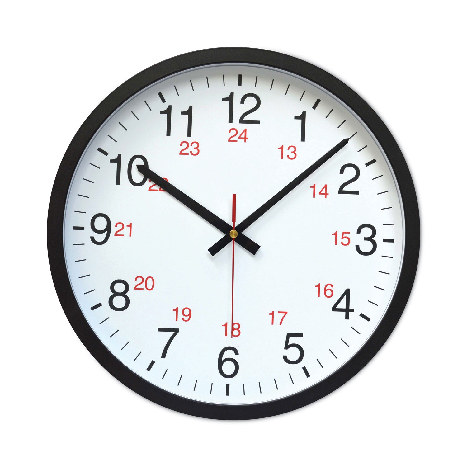 24-Hour Round Wall Clock, 12.63" Overall Diameter, Black Case, 1 AA ...